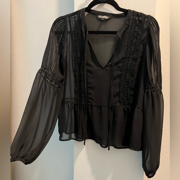 Express | Tops | Express Black Shirt With Lace And Pleated Arms | Poshmark